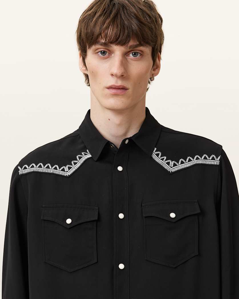Dallin Embroidered Long Sleeve Shirt Black | ALLSAINTS